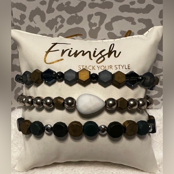 Erimish | Jewelry | Brand New Erimish Bracelets 3 Pc Stack Blue Green Matte Shiny Gold | Poshmark